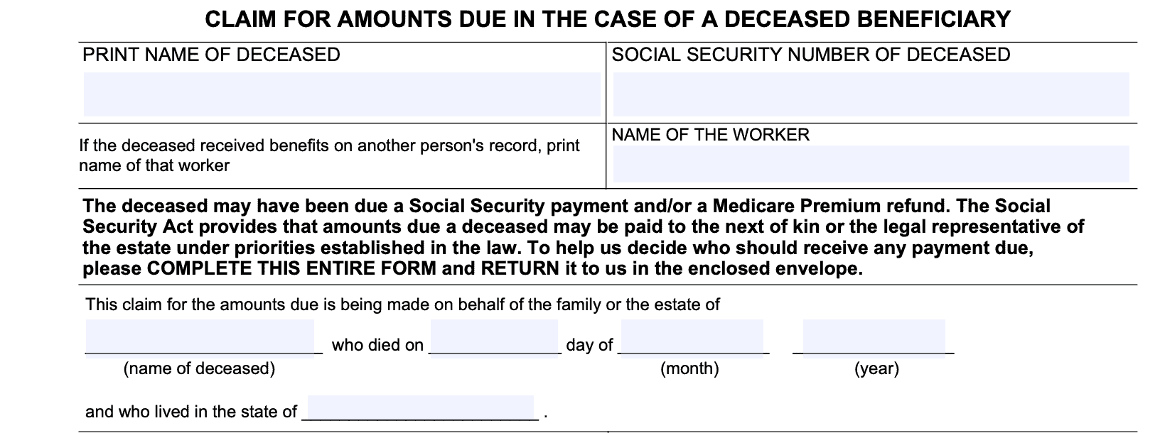 Form SSA 1724 Instructions: Claims On Behalf of a Decedent