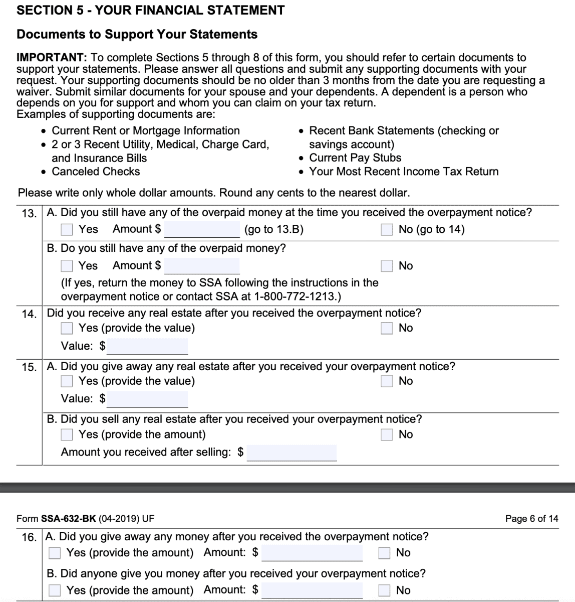 Form SSA 632-BK Instructions - Waiver of Overpayment Recovery