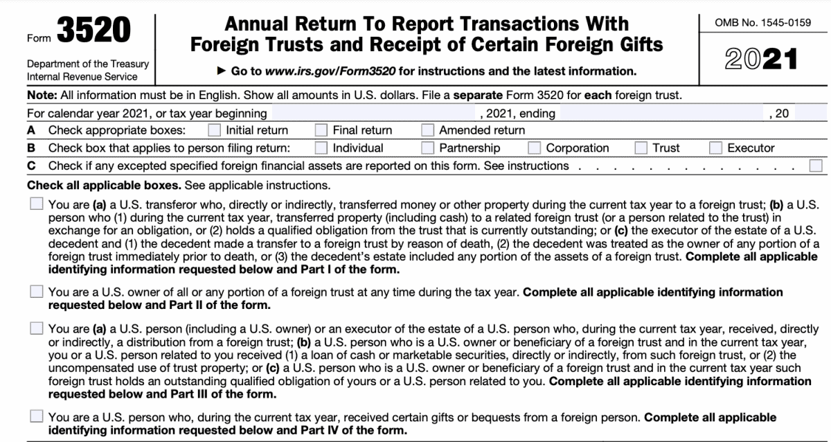 IRS Form 3520-Reporting Transactions With Foreign Trusts