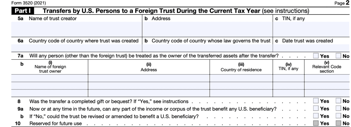 IRS Form 3520-Reporting Transactions With Foreign Trusts