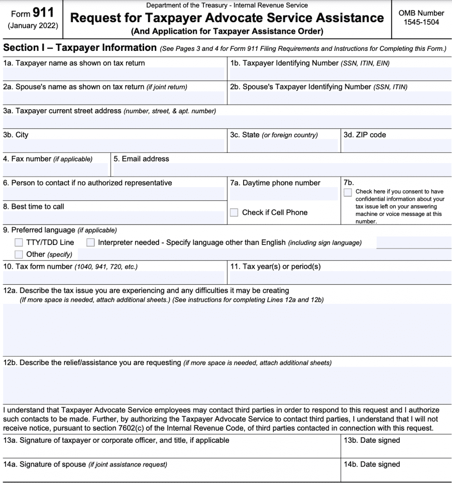 IRS Form 911 Instructions - Taxpayer Advocate Service Assistance