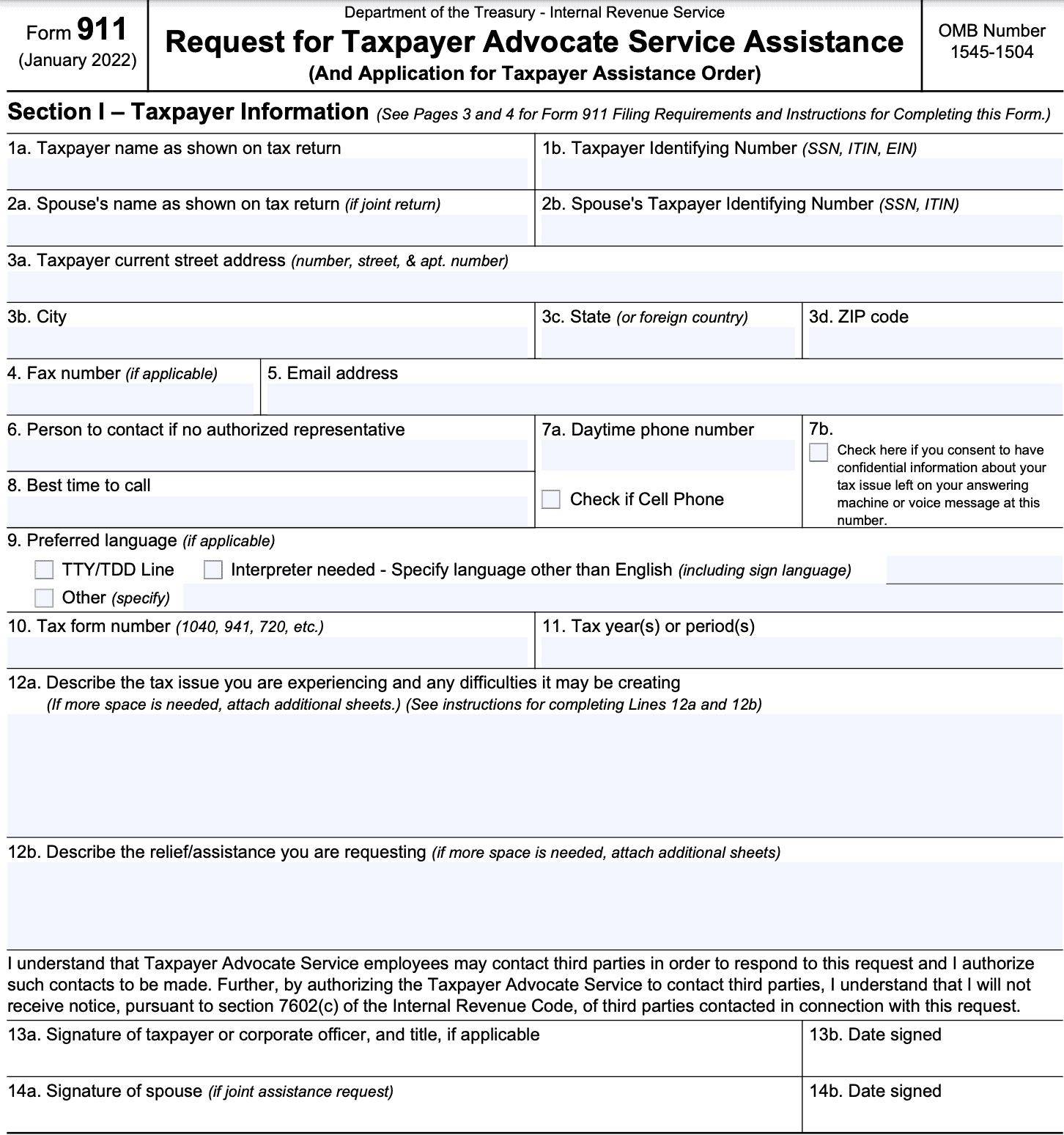 IRS Form 911 Instructions - Taxpayer Advocate Service Assistance