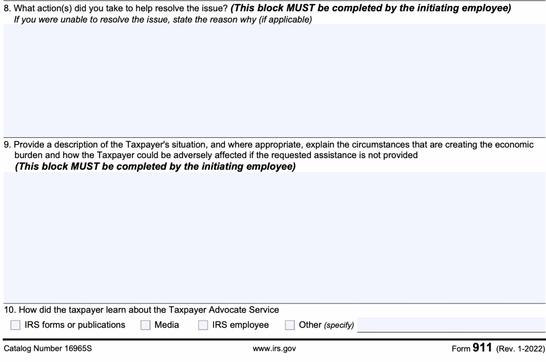 IRS Form 911 Instructions - Taxpayer Advocate Service Assistance