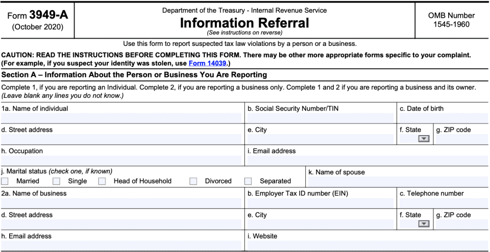 IRS Form 3949-A Instructions