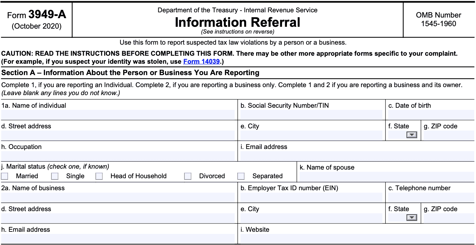 IRS Form 3949-A Instructions