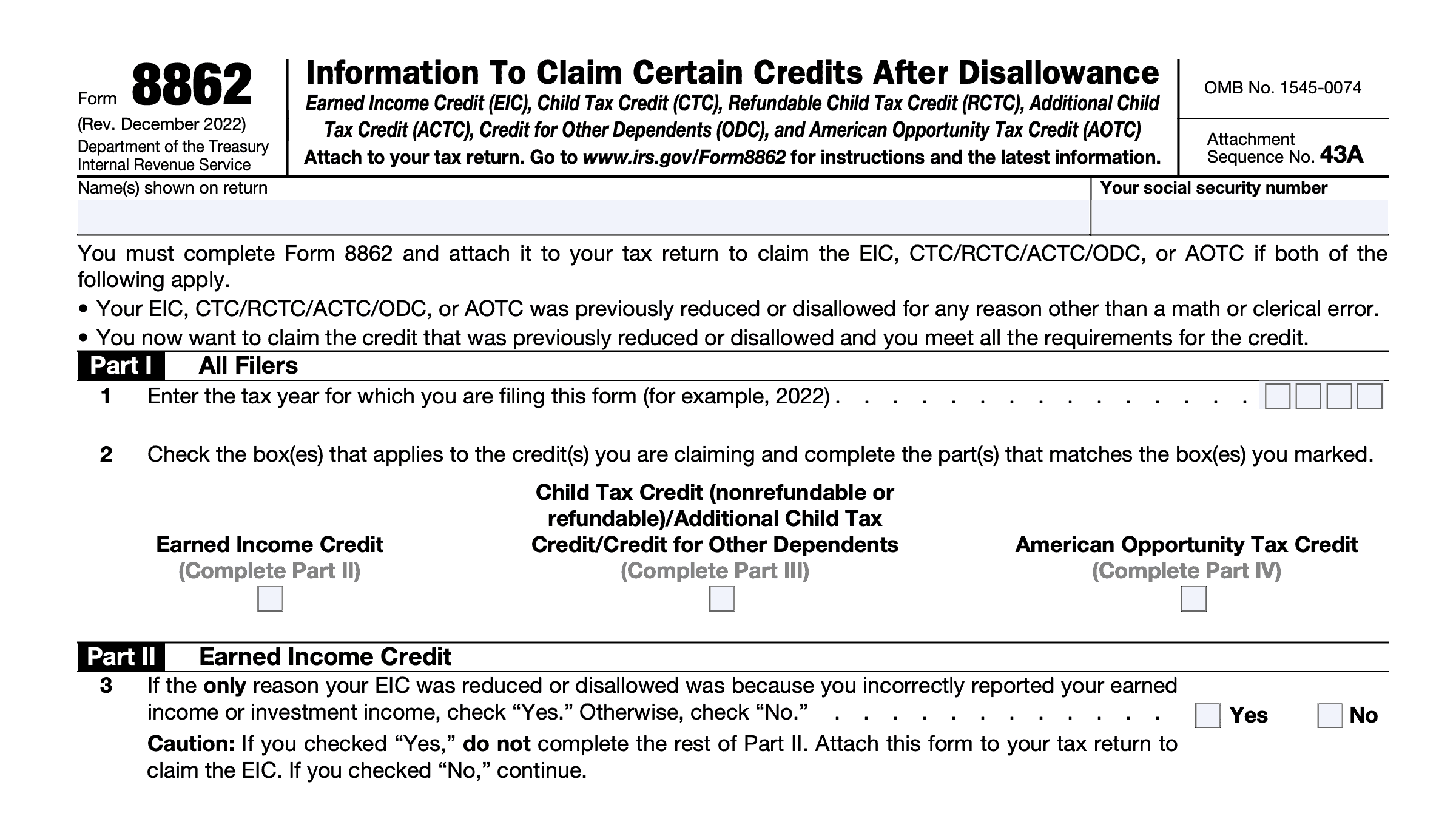 IRS Form 8862 Claiming Certain Tax Credits After Disallowance