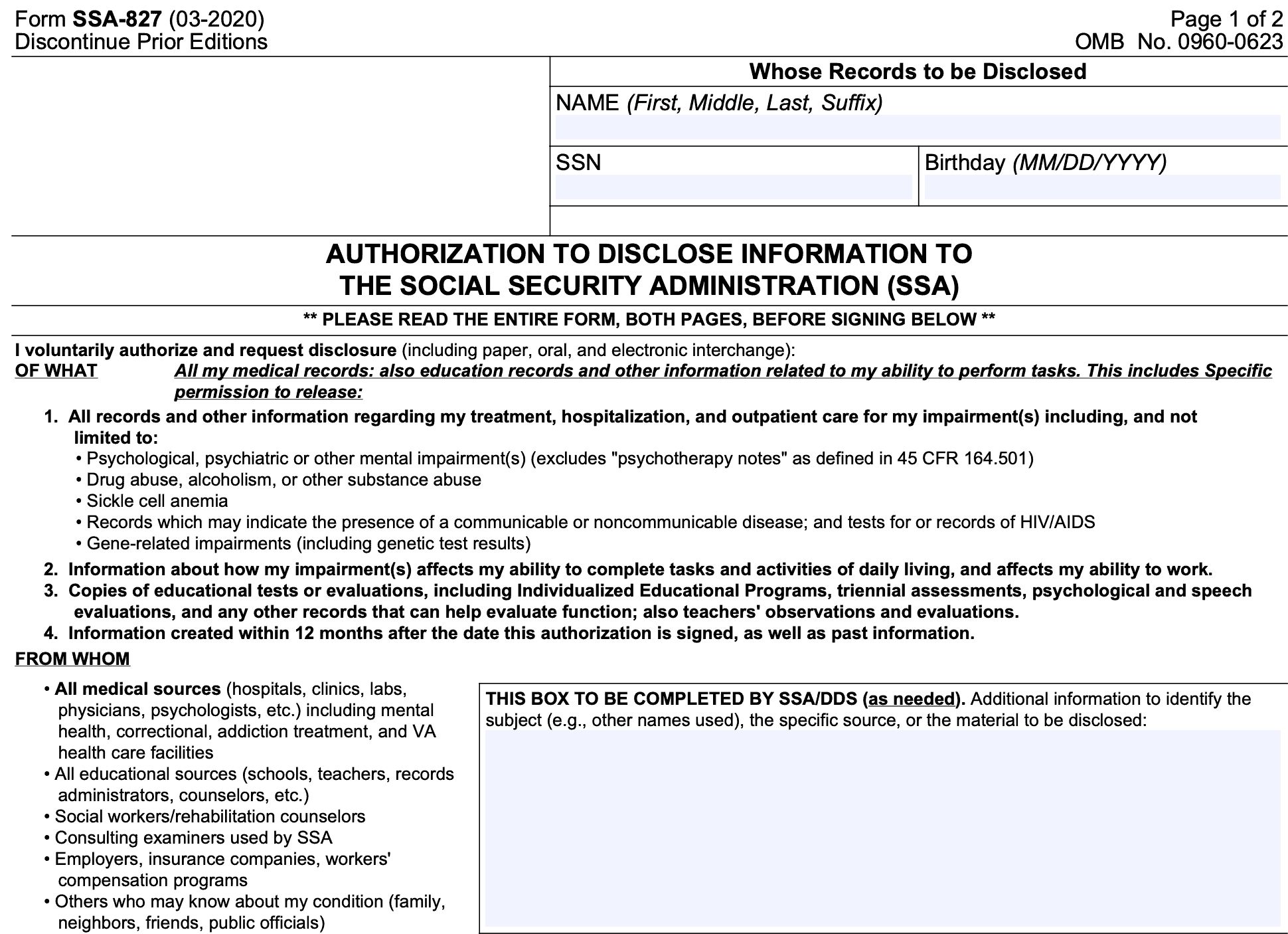Form SSA 827 Instructions Disclosing Information To SSA