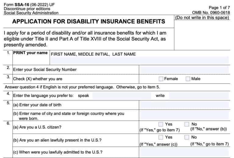 Form SSA 16 Instructions - Filing Your Disability Benefits Claim