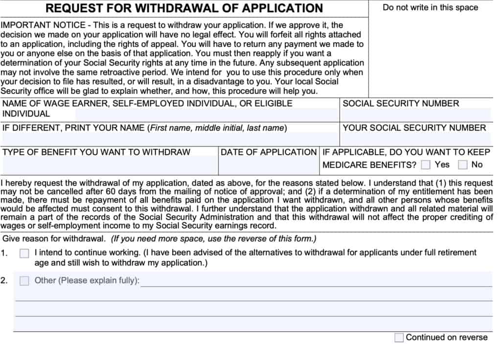 Form SSA-521 Instructions - Withdrawing Your Application