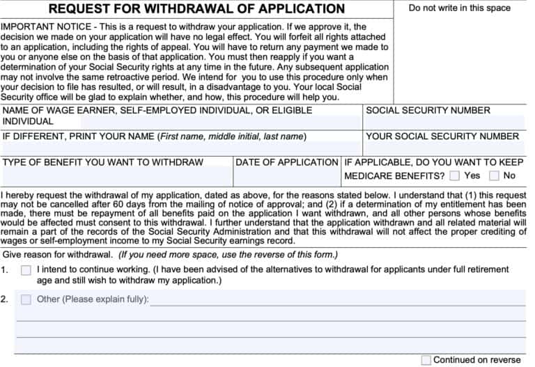 Form SSA-521 Instructions - Withdrawing Your Application