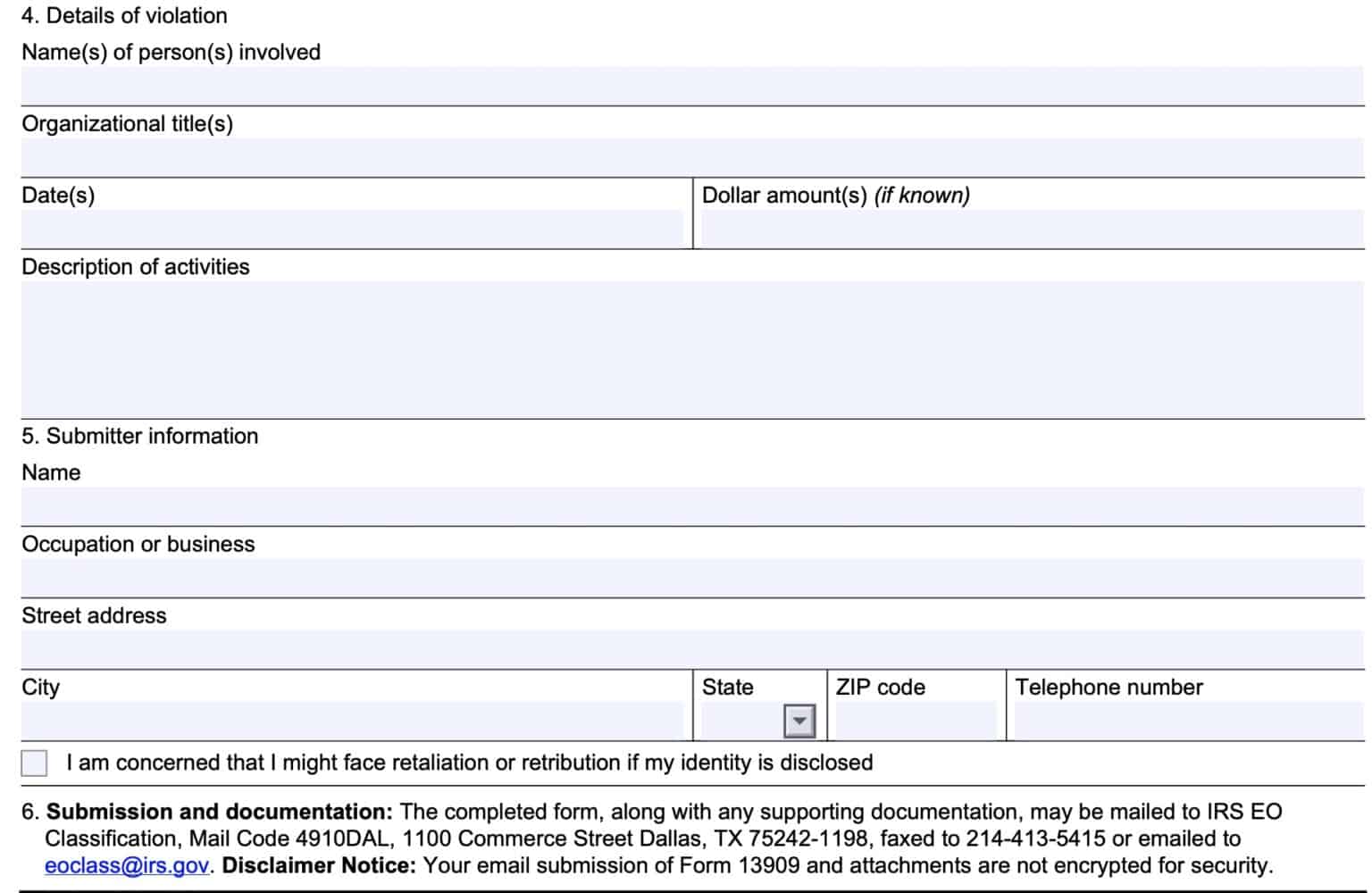 IRS Form 13909 Instructions - Tax-Exempt Organization Complaint