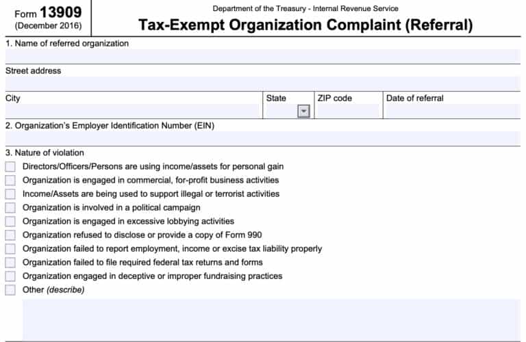 IRS Form 13909 Instructions - Tax-Exempt Organization Complaint