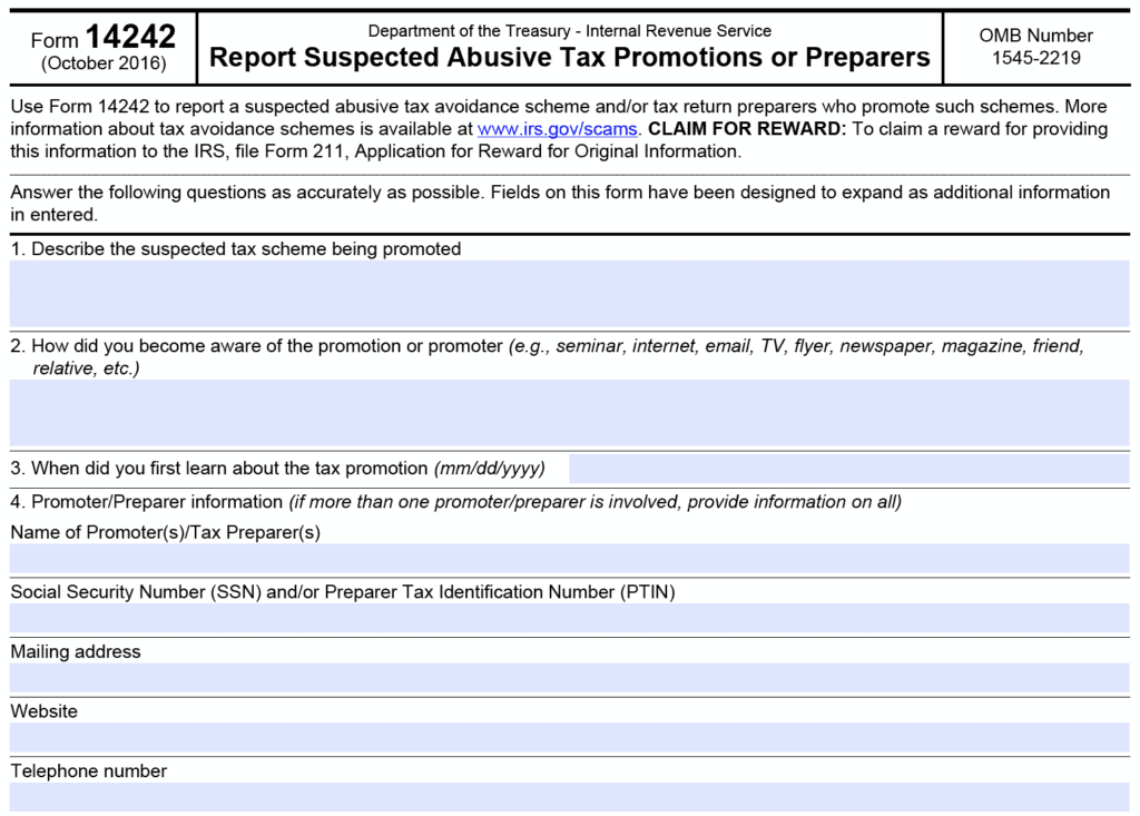 IRS Form 14242 Instructions - Reporting Abusive Tax Promotions