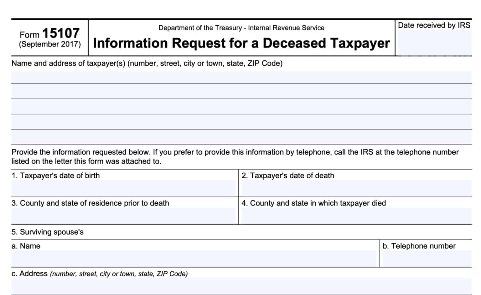 IRS Form 15107 Instructions - Information Request for a Decedent
