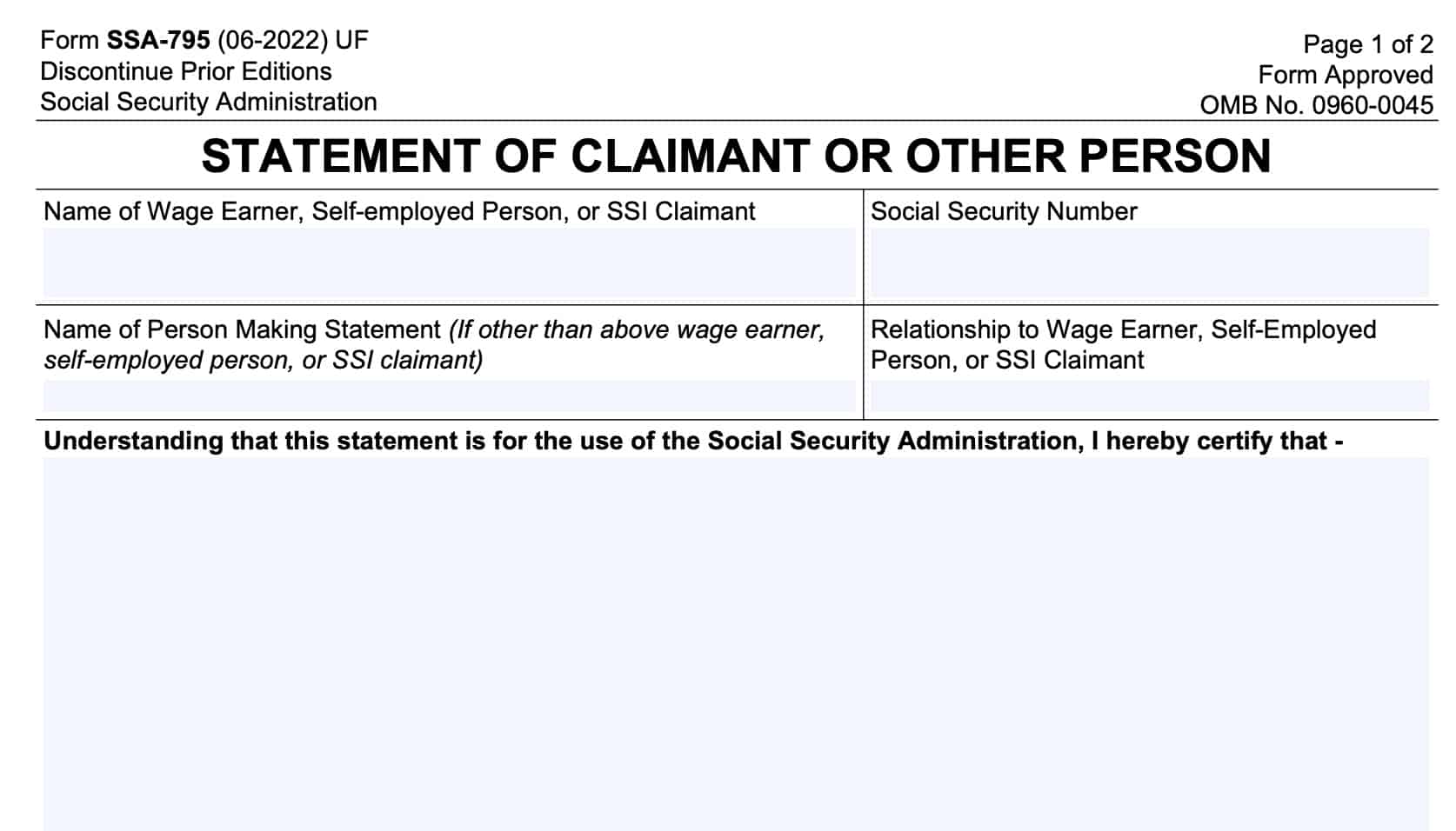 Form SSA 795 Instructions -Statement of Claimant or Other Person