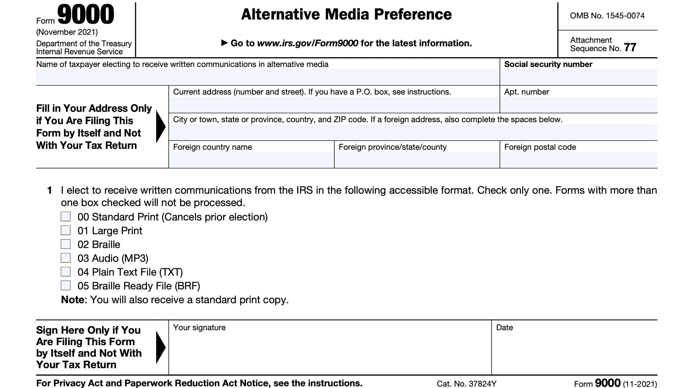 IRS Form 9000 Instructions - Alternative Media Preference