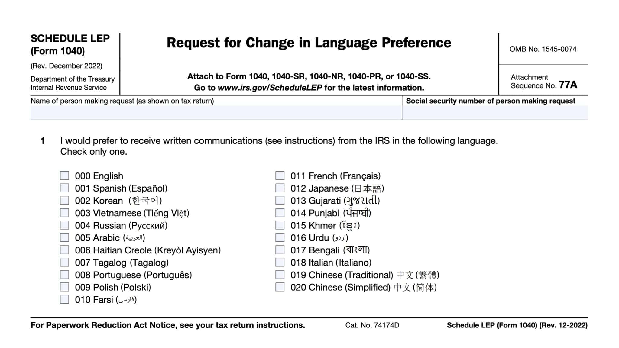 IRS Schedule LEP Instructions - Change in Language Preference