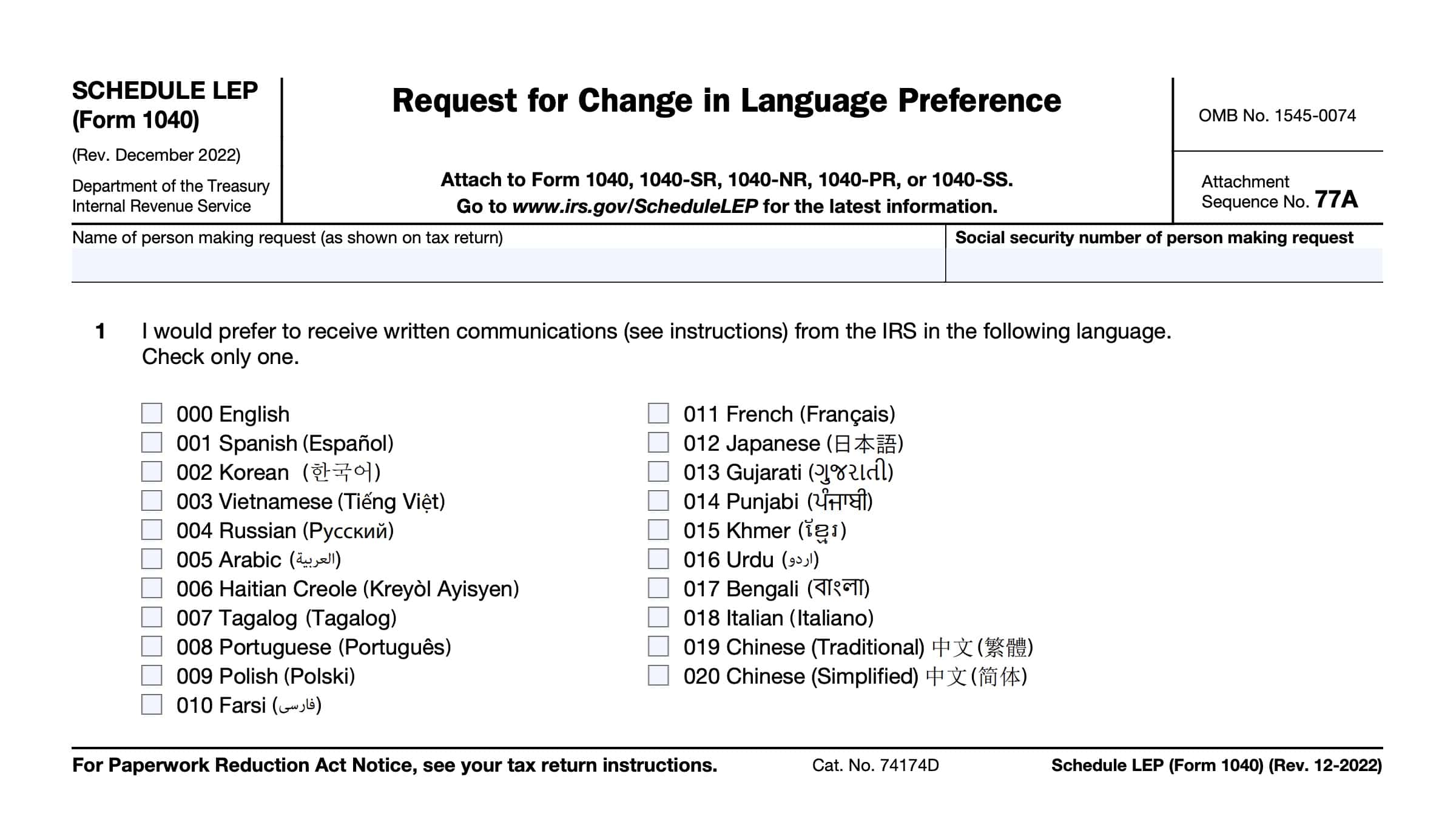 IRS Schedule LEP Instructions - Change in Language Preference