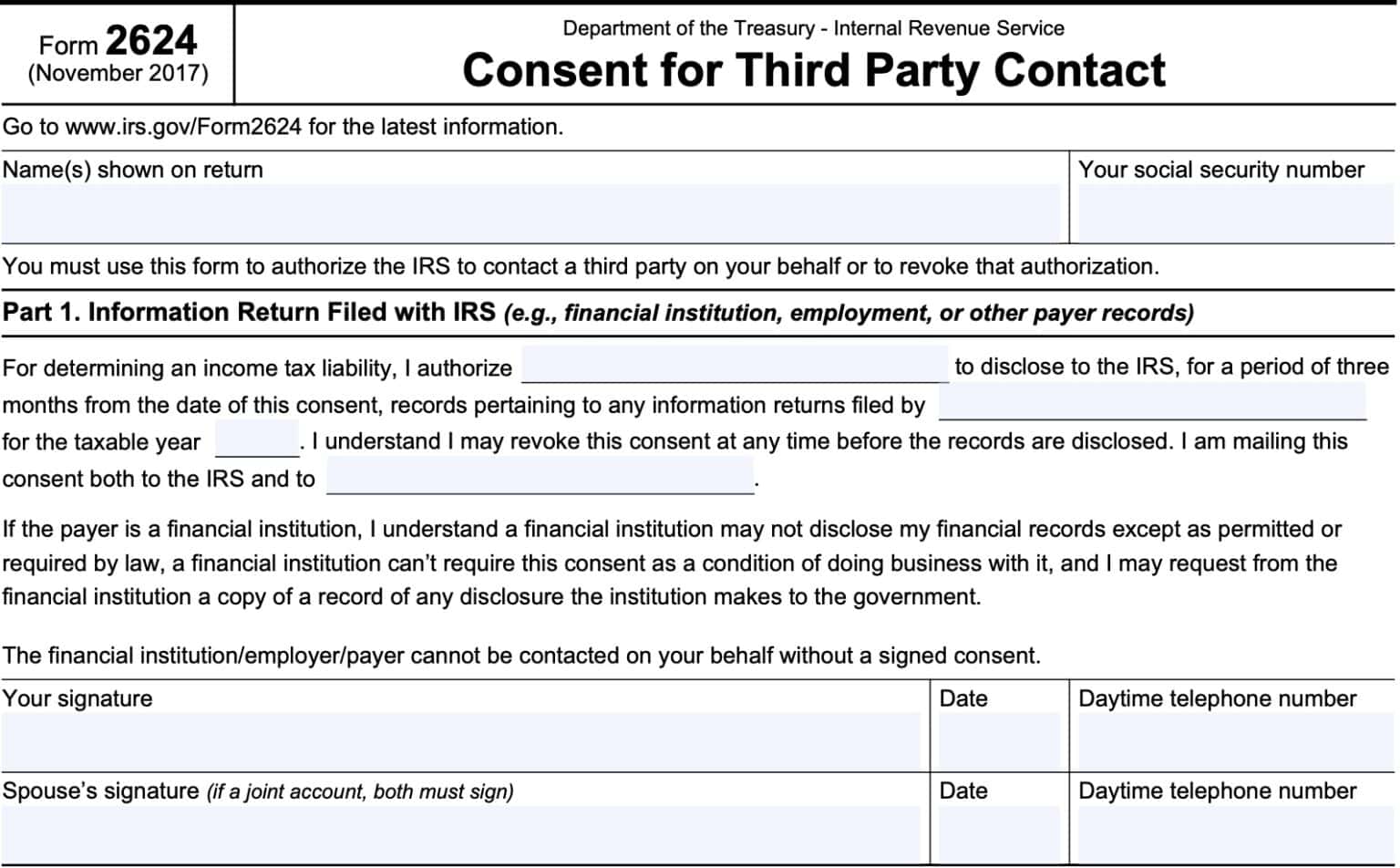 IRS Form 2624 Instructions - Consent for Third Party Contact