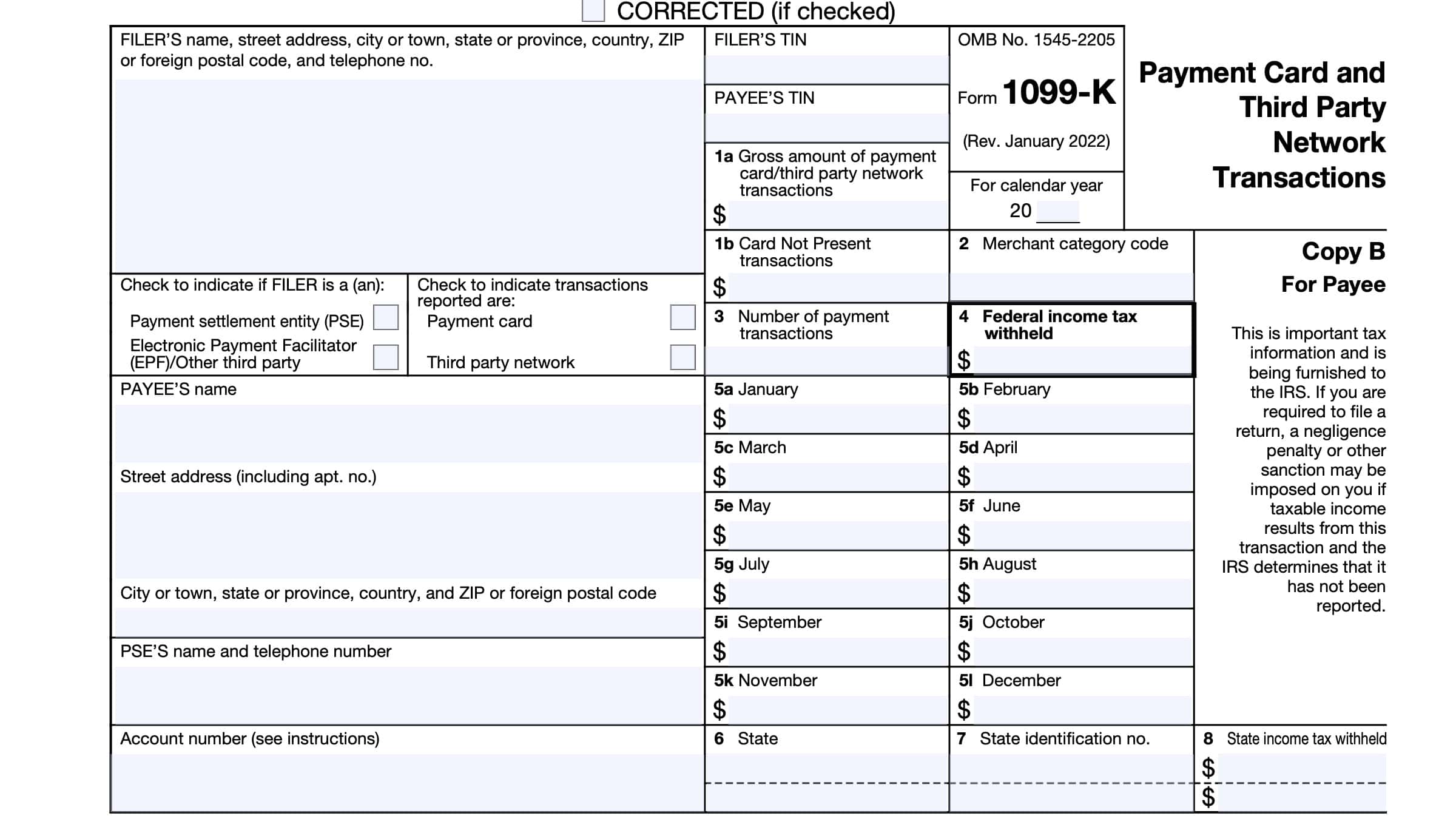 IRS Form 1099-K Instructions: Payment Cards/3rd Party Networks