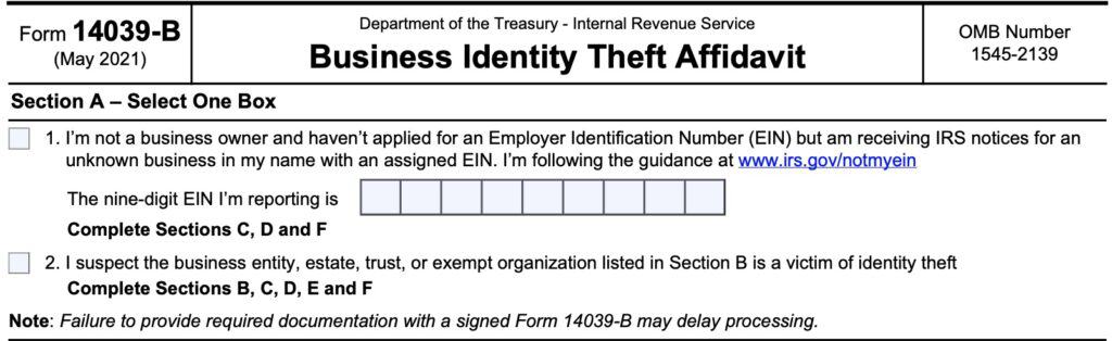 IRS Form 14039-B Instructions - Business Identity Theft Affidavit
