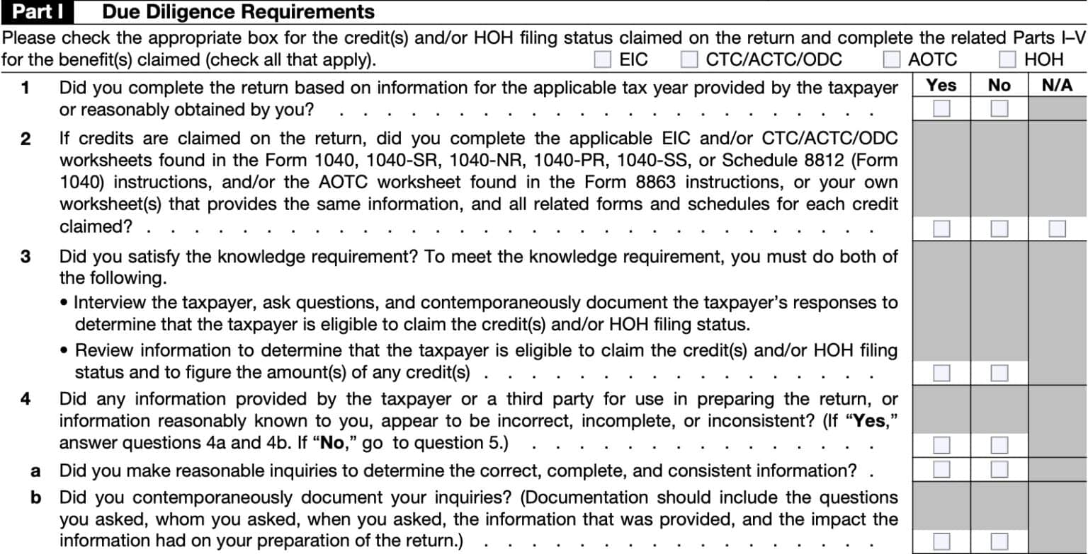IRS Form 8867 Instructions: Tax Preparer's Due Diligence Checklist