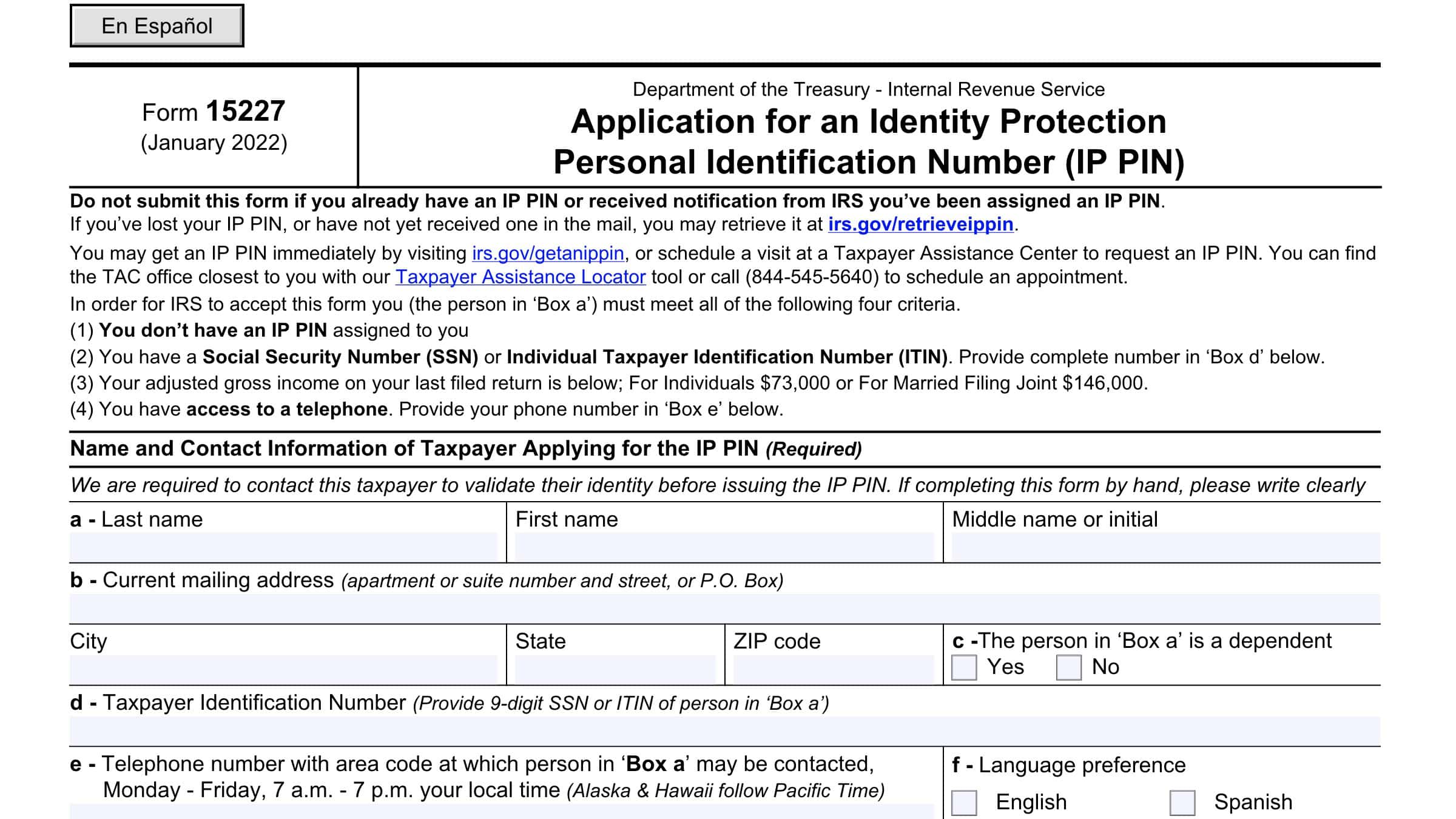 IRS Form 15227 Instructions - Application for IP PIN