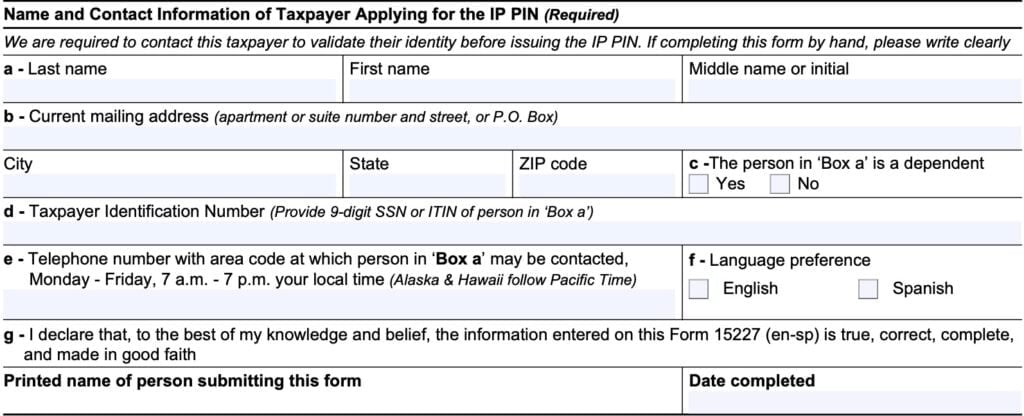 IRS Form 15227 Instructions - Application for IP PIN