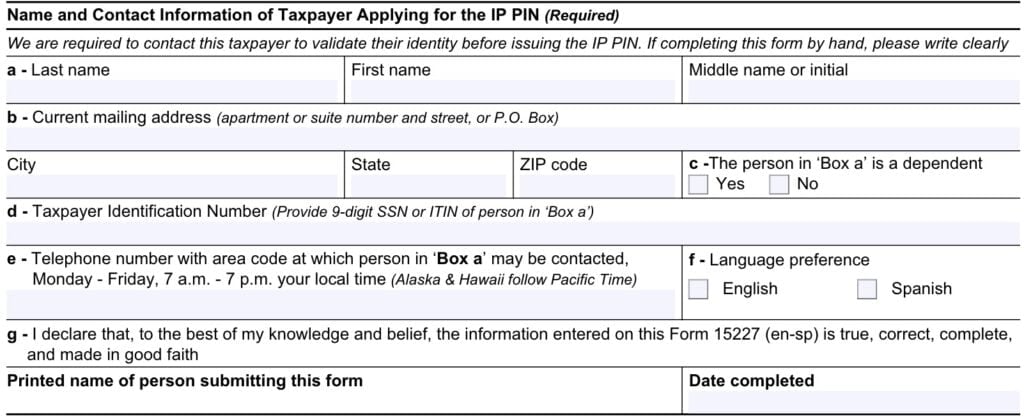 IRS Form 15227 Instructions - Application for IP PIN