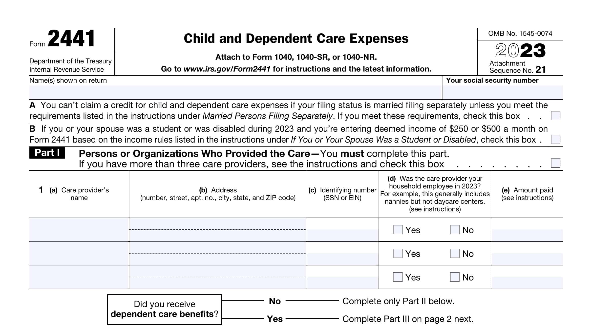 IRS Form 2441 Instructions - Child and Dependent Care Expenses