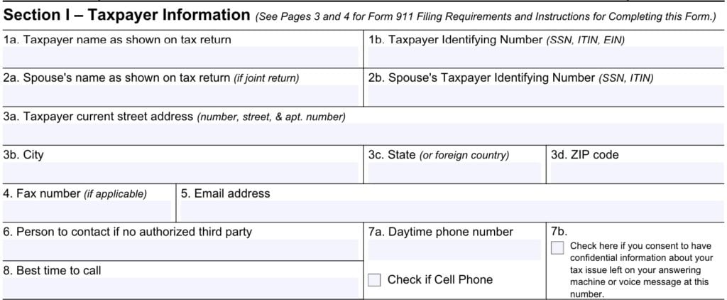 IRS Form 911 Instructions - Taxpayer Advocate Service Assistance