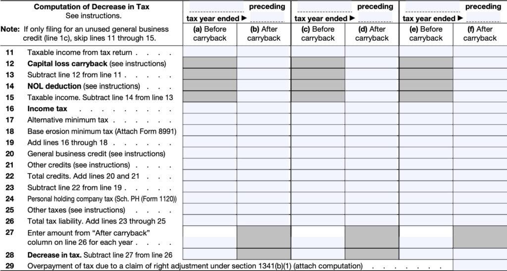 IRS Form 1139 Instructions - Tentative Corporate Tax Refund