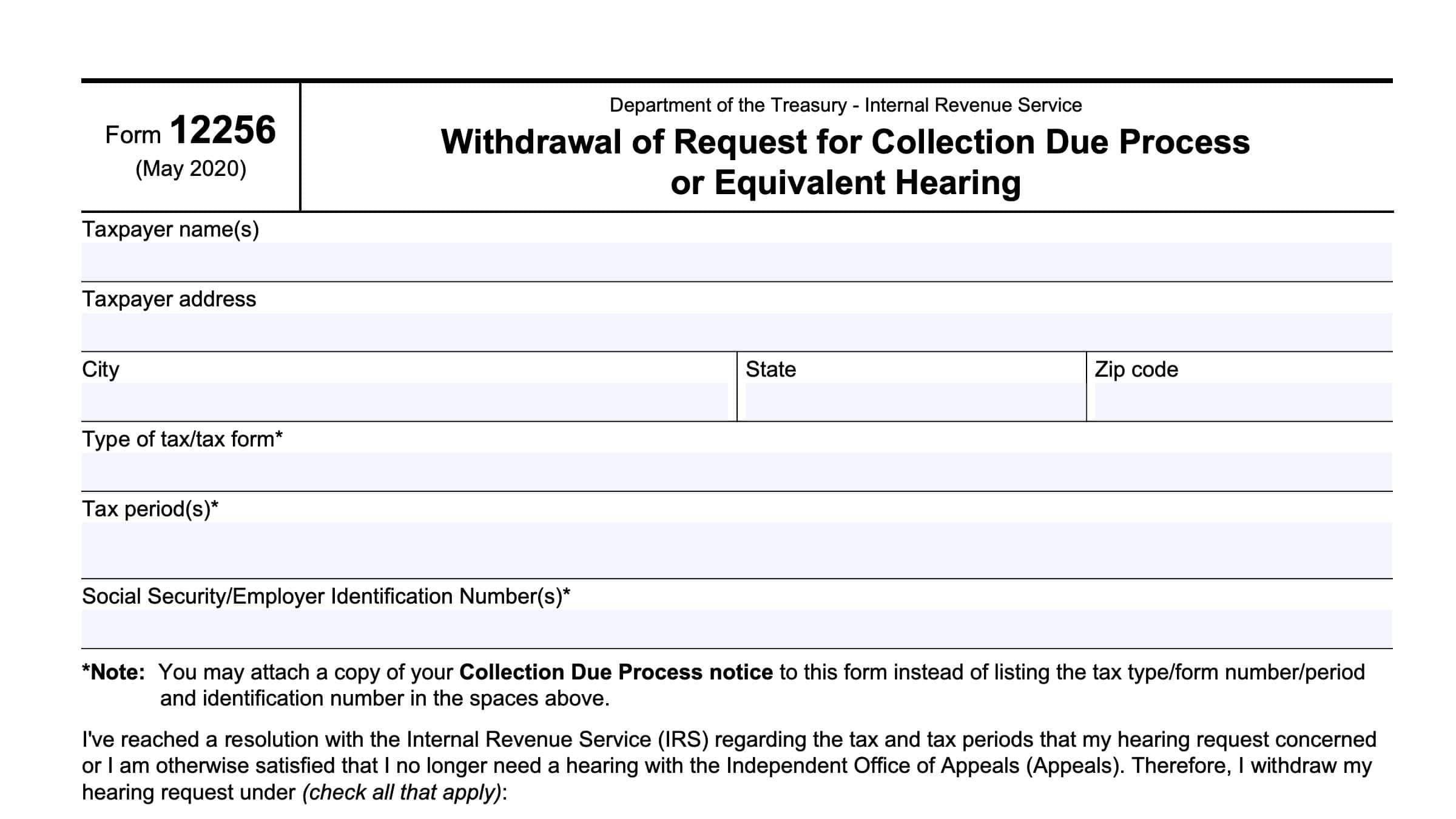 IRS Form 12256 Instructions - Withdrawal of CDP Hearing Request