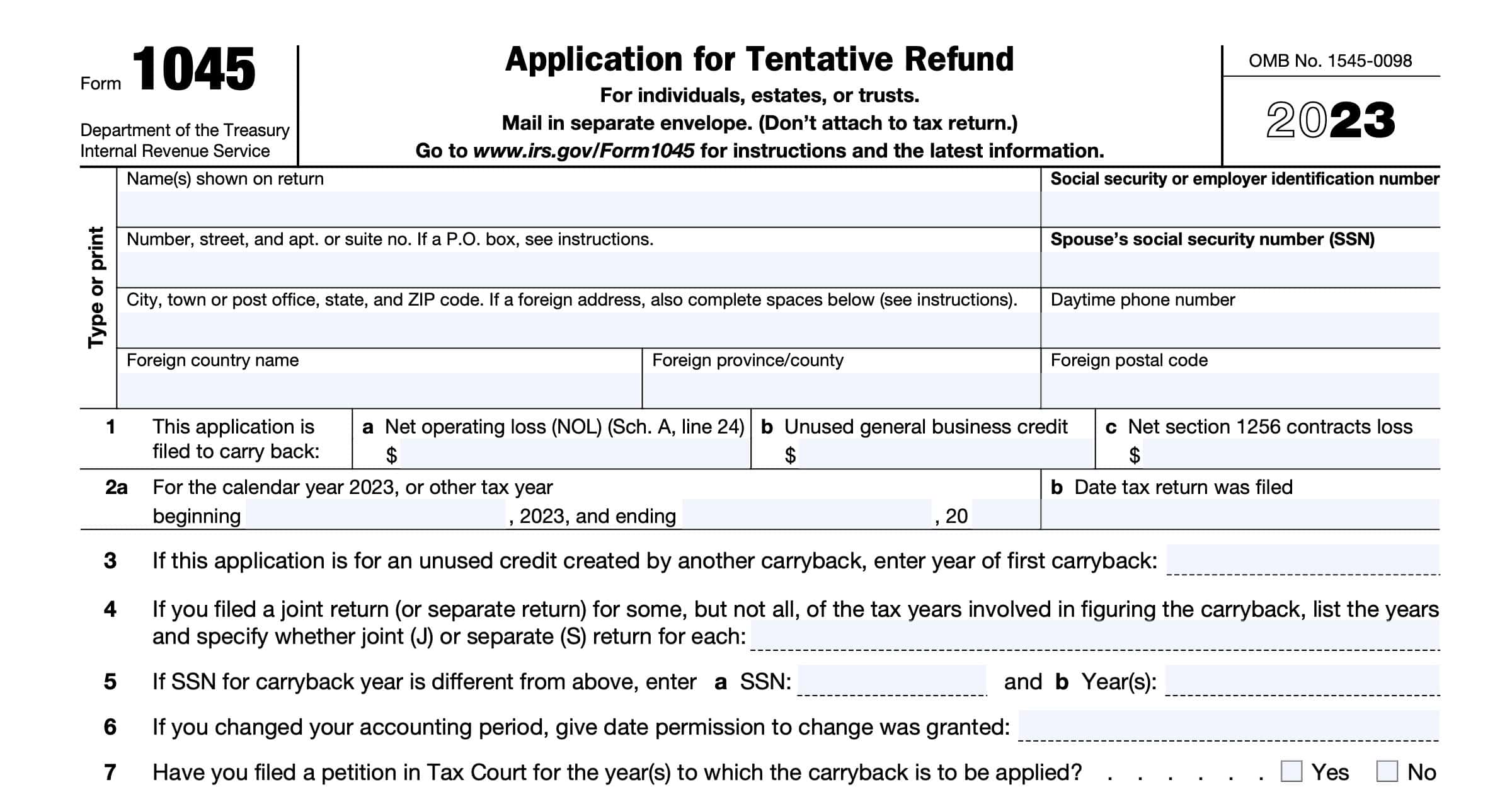 IRS Form 1045 Instructions - Applying For A Tentative Refund