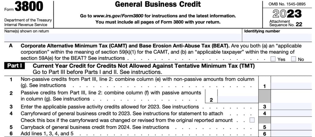 IRS Form 3800 Instructions - General Business Credit