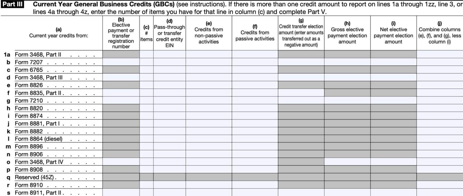 IRS Form 3800 Instructions - General Business Credit
