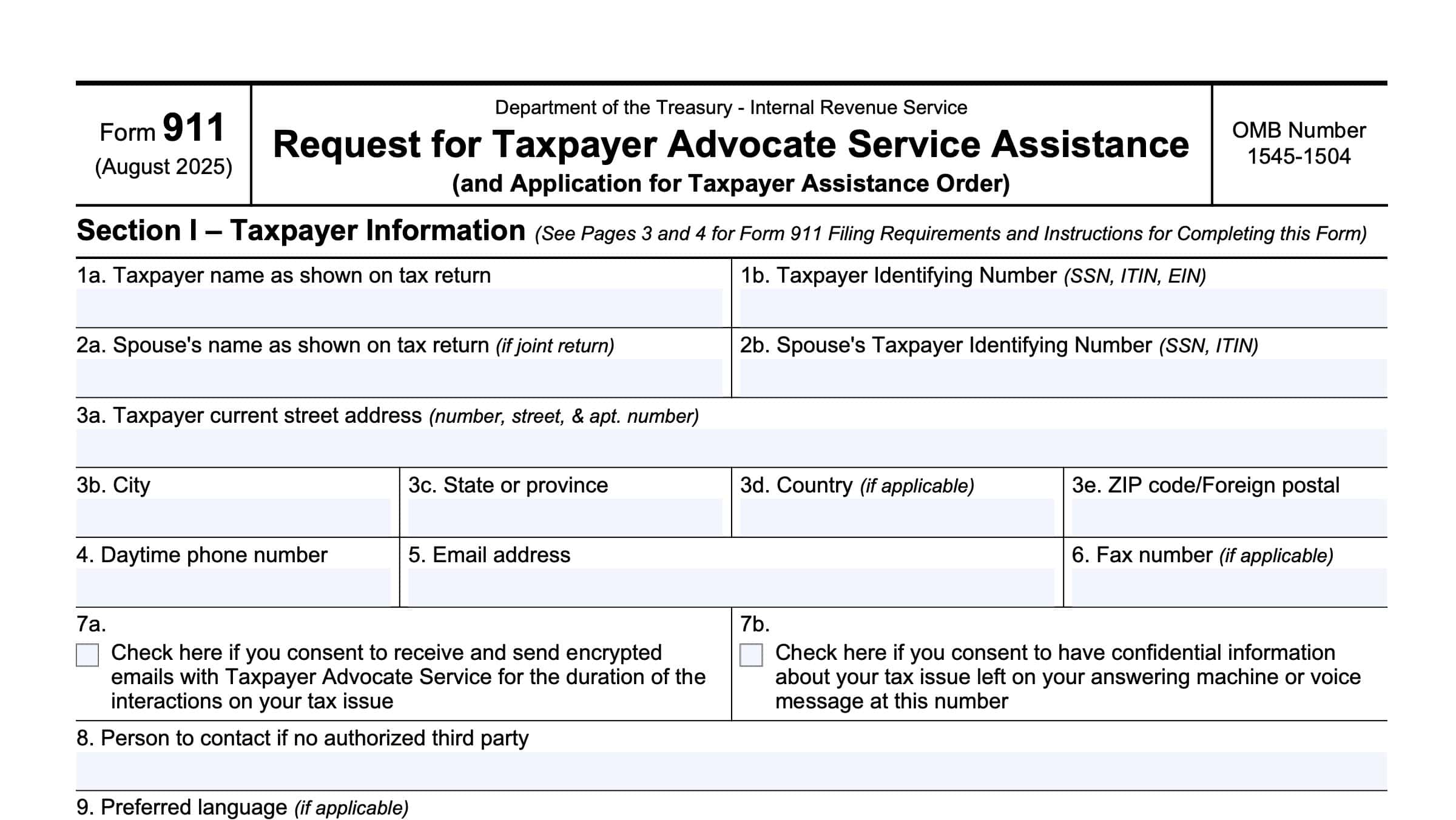 IRS Form 911 Instructions - Taxpayer Advocate Service Assistance