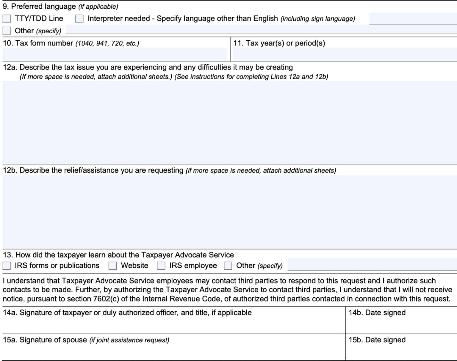IRS Form 911 Instructions - Taxpayer Advocate Service Assistance