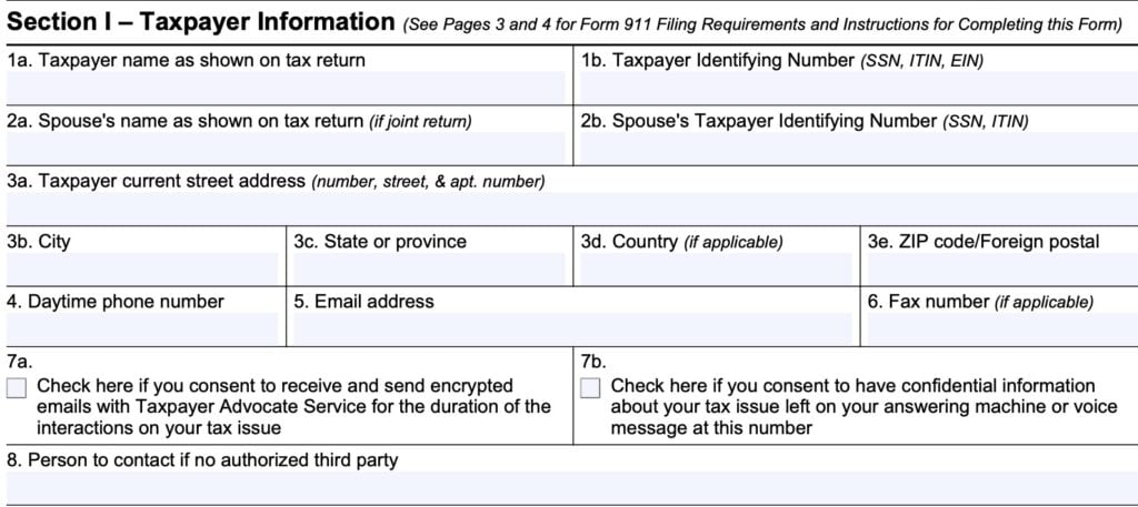 IRS Form 911 Instructions - Taxpayer Advocate Service Assistance