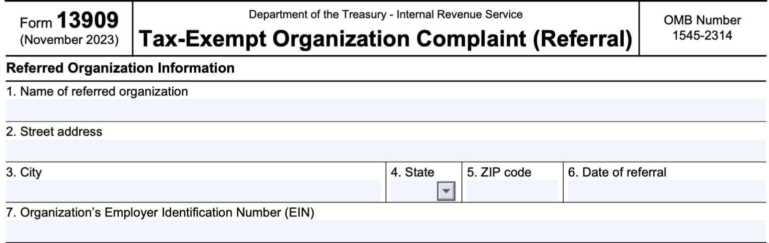 IRS Form 13909 Instructions - Tax-Exempt Organization Complaint