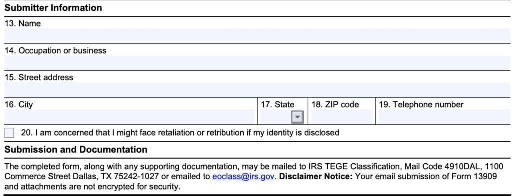 IRS Form 13909 Instructions - Tax-Exempt Organization Complaint