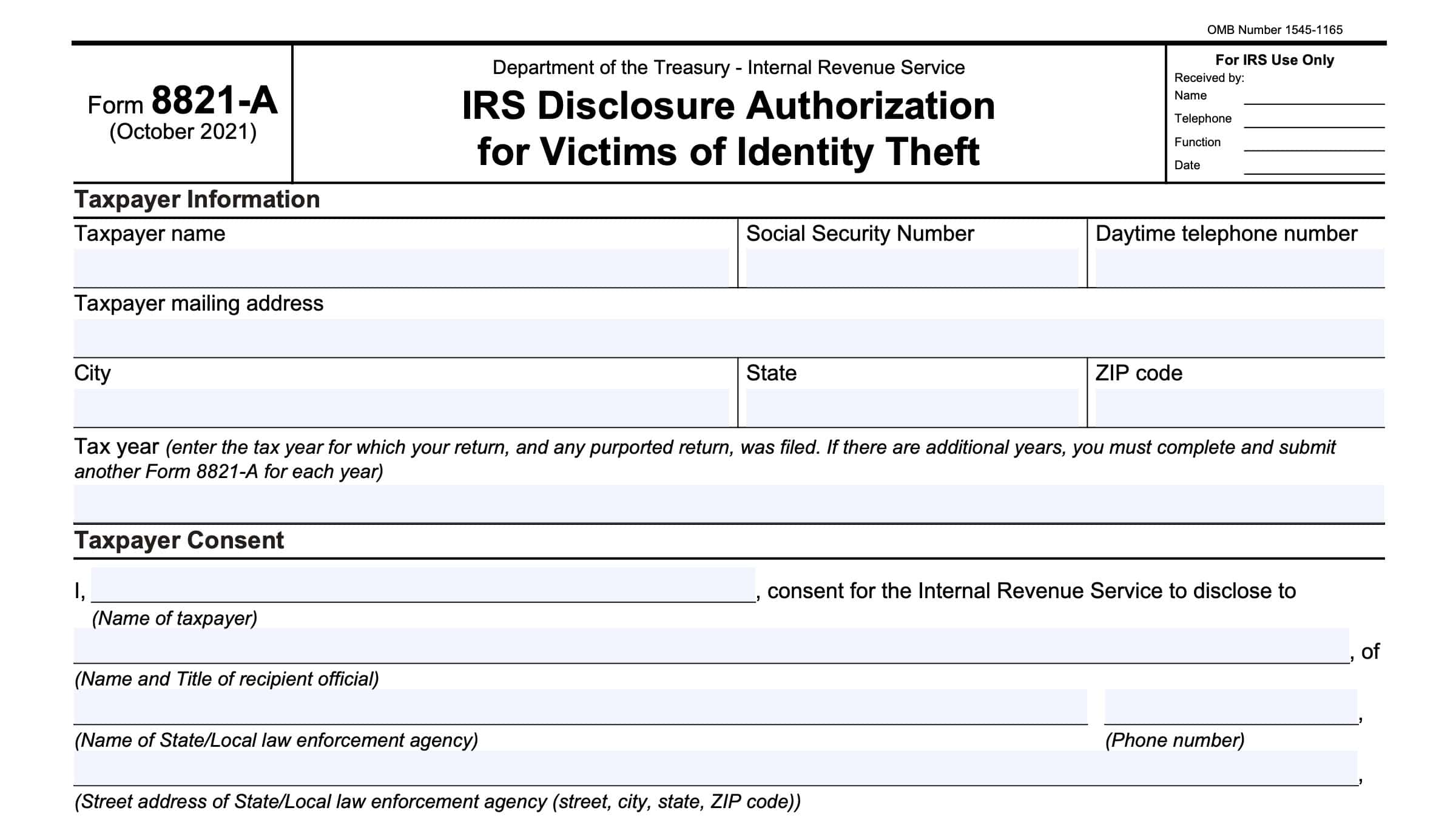 IRS Form 8821-A Instructions: IRS Disclosure for Identity Theft