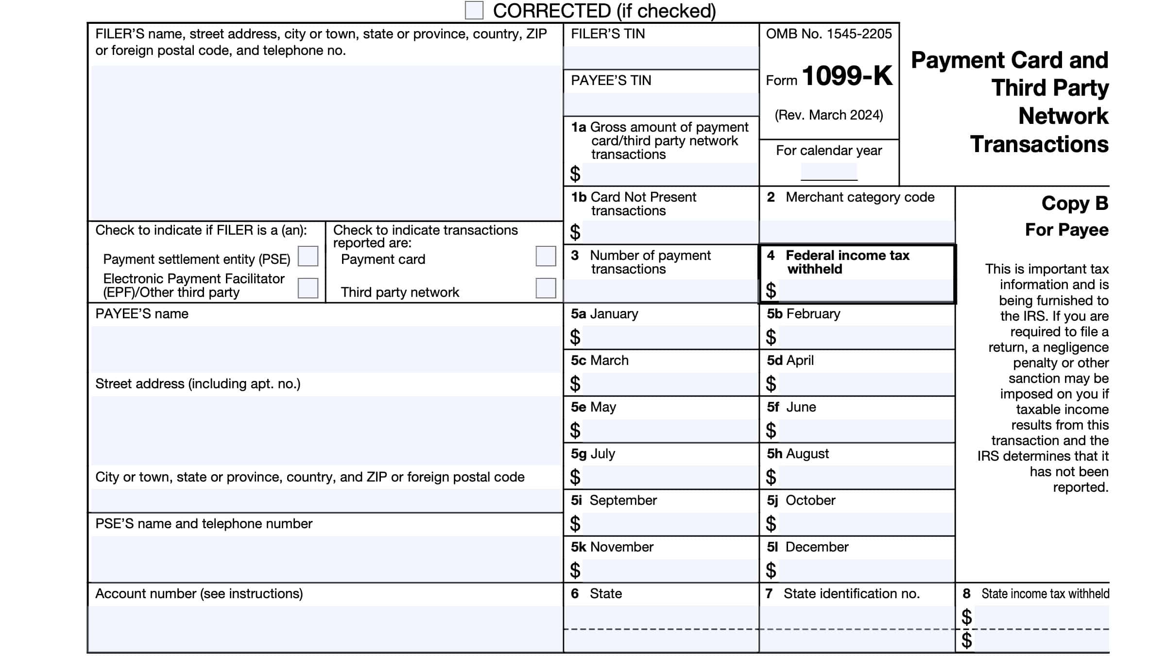 IRS Form 1099-K Instructions: Payment Cards/3rd Party Networks