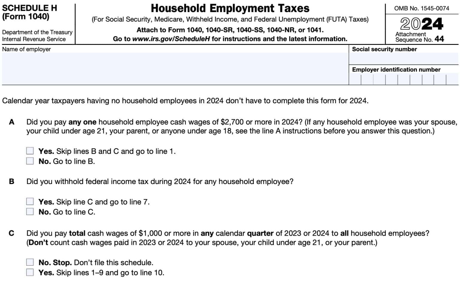 IRS Schedule H Instructions - Household Employment Taxes