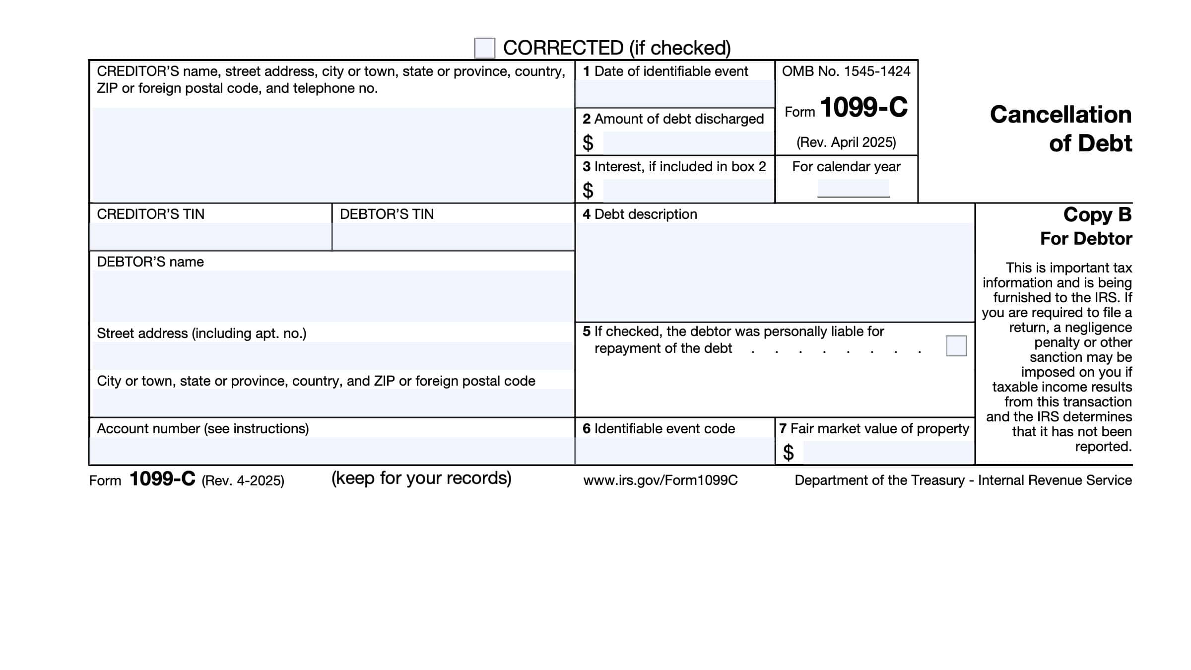 IRS Form 1099-C Instructions - Cancellation of Debt