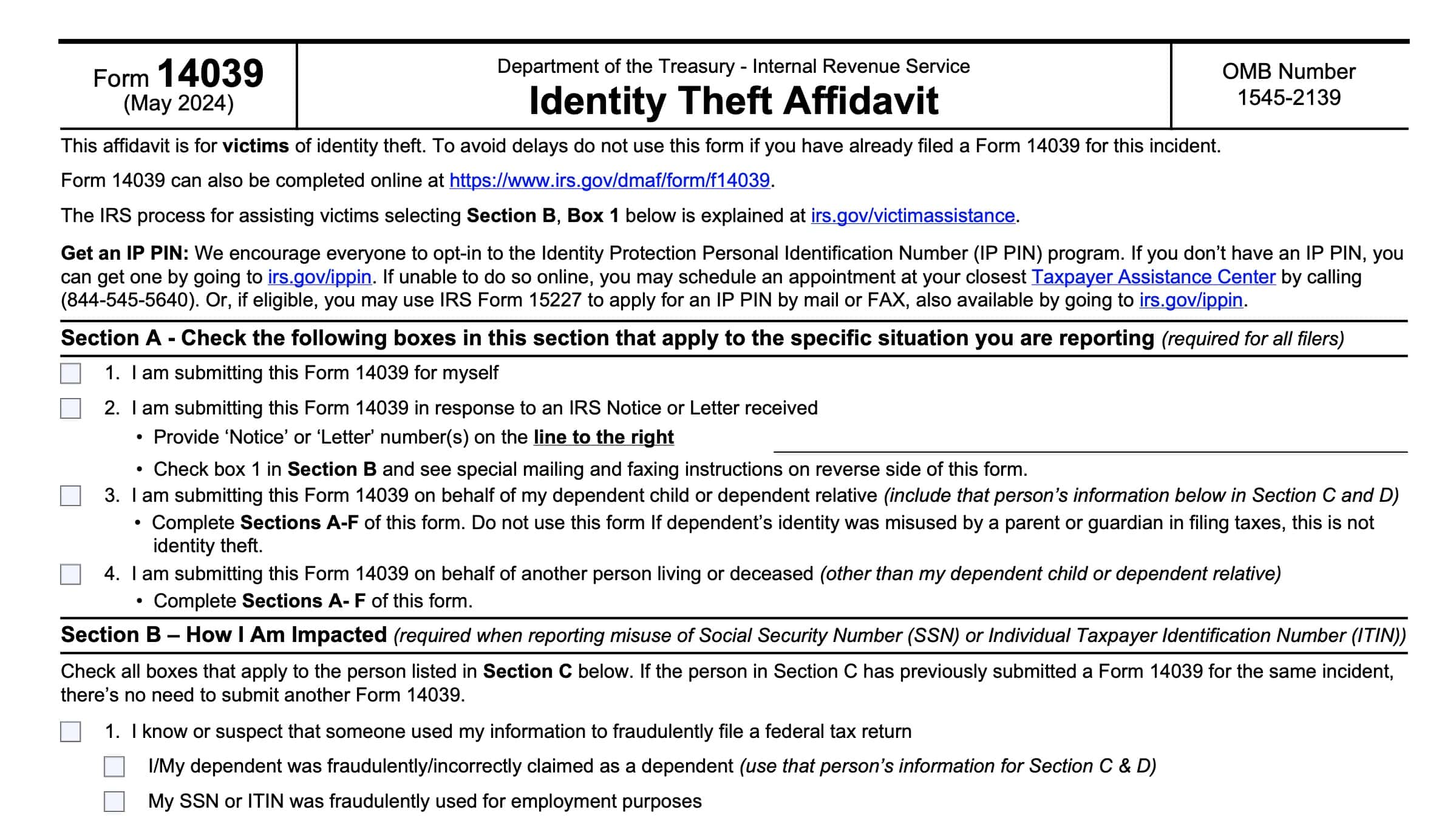 IRS Form 14039 Instructions - Your Identity Theft Affidavit