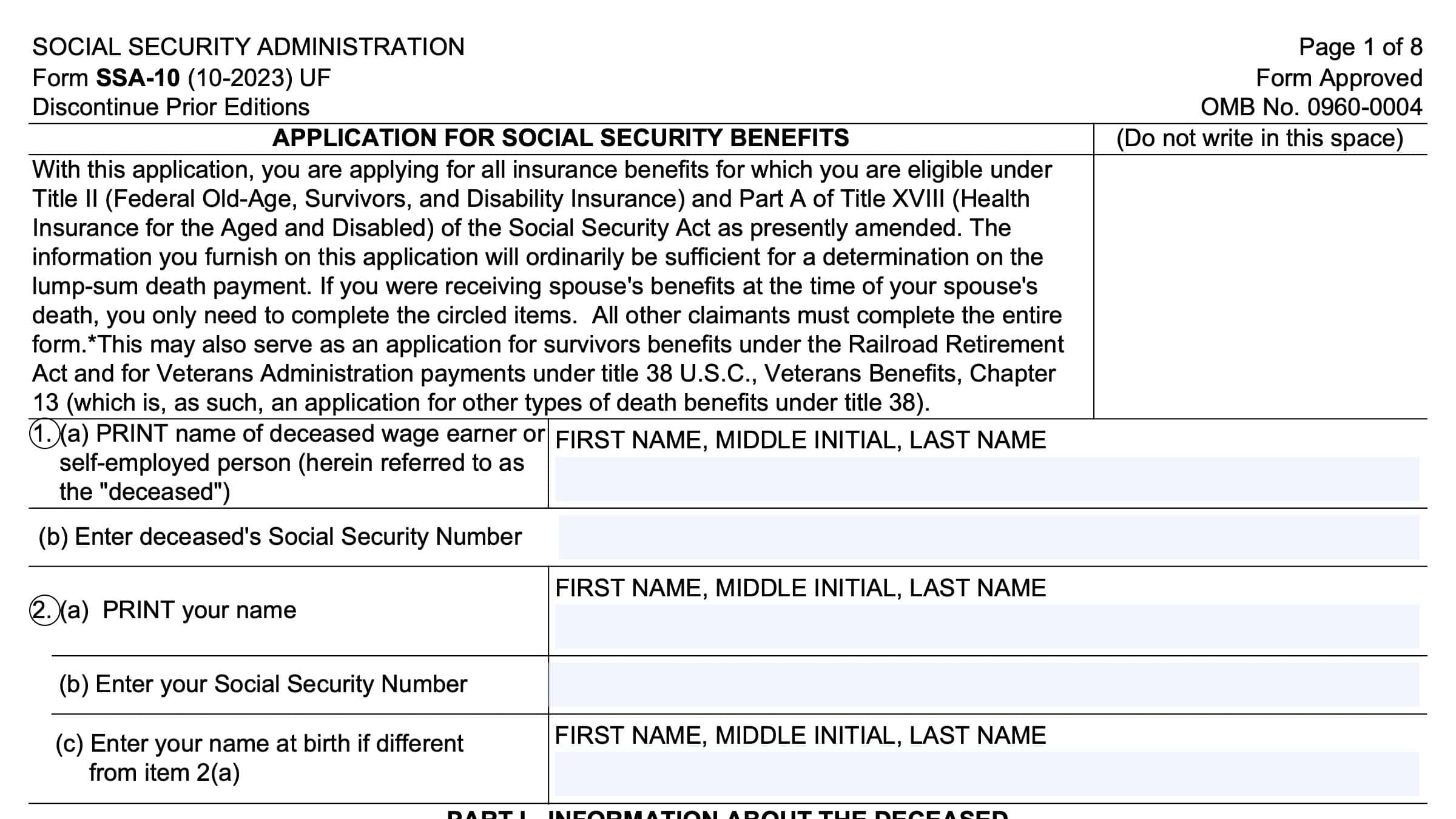 Form SSA 10 Instructions - Applying for Survivor Benefits