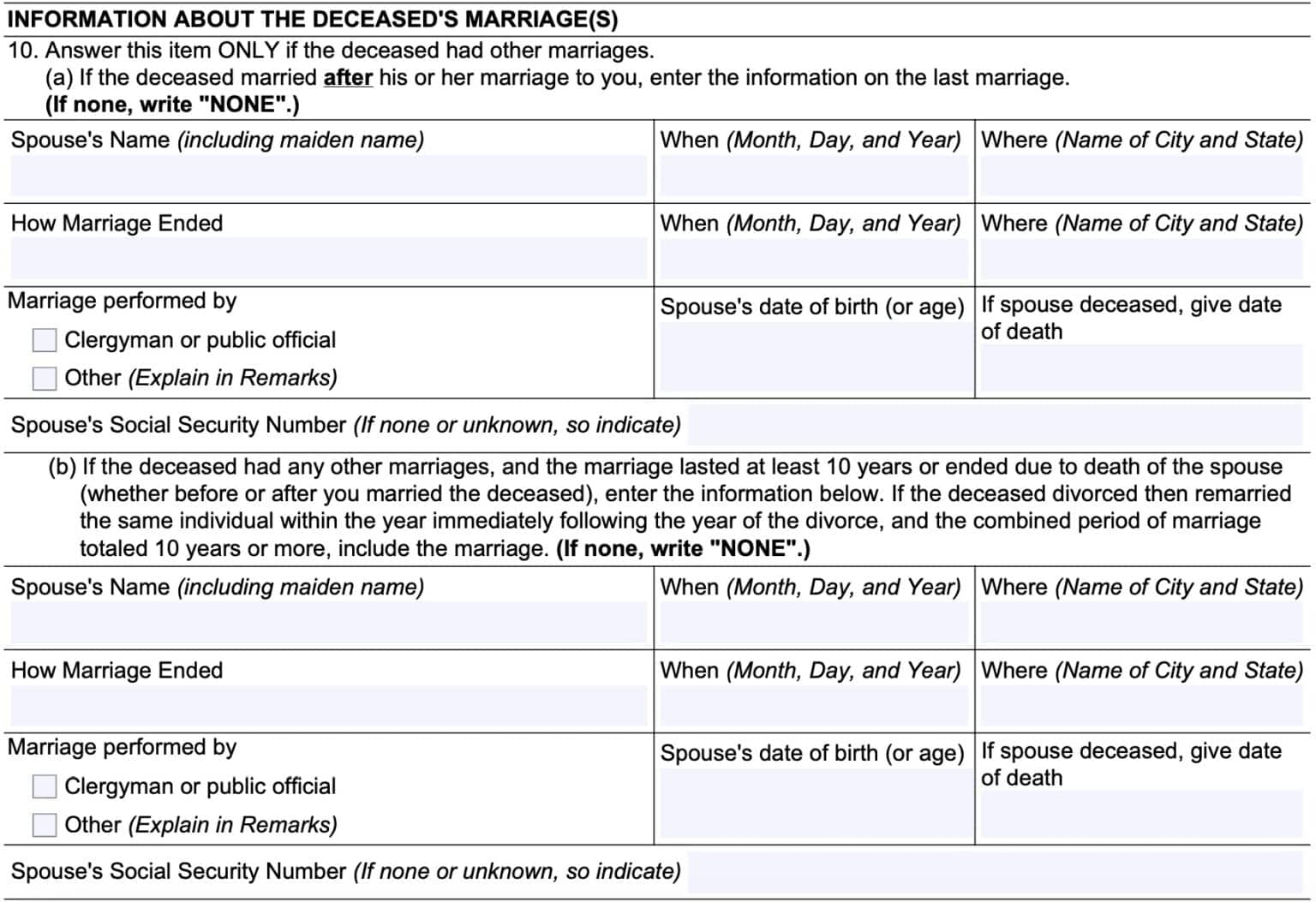 Form SSA 10 Instructions - Applying for Survivor Benefits