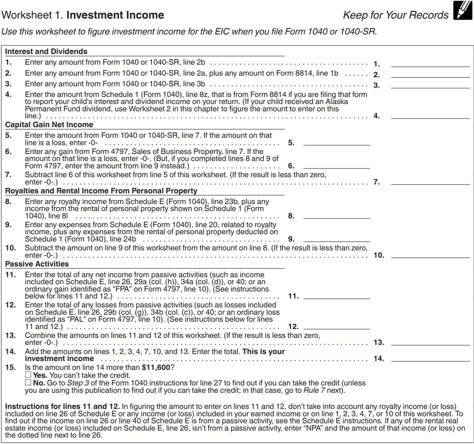 IRS Form 15111 Instructions- Earned Income Credit Worksheet
