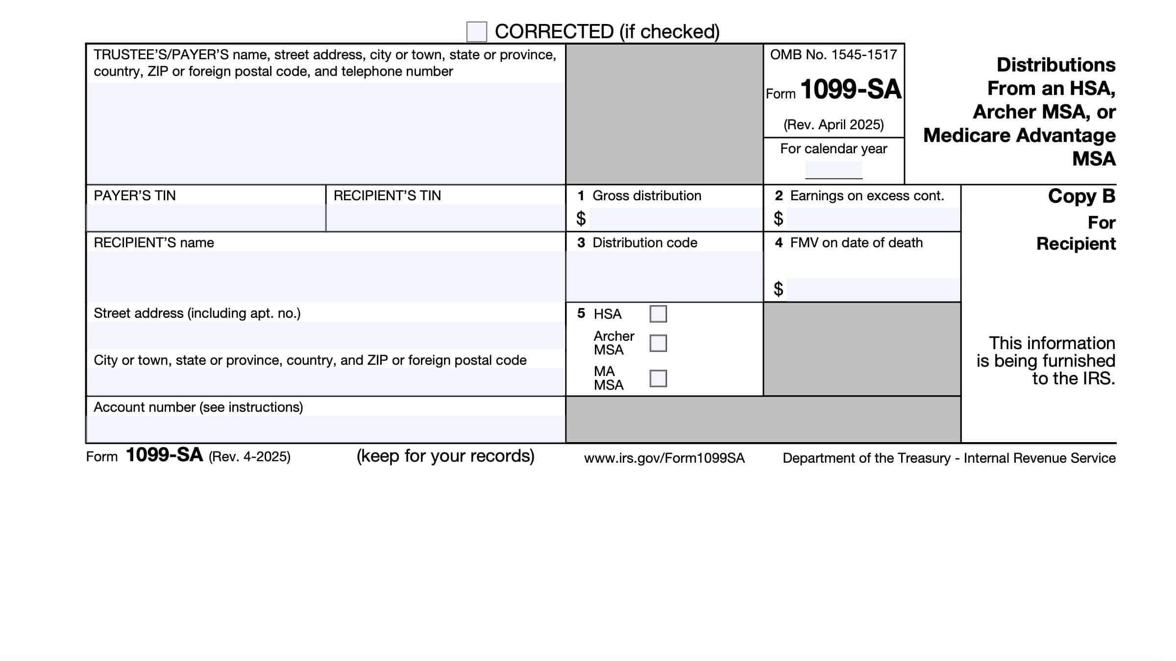 IRS Form 1099-SA Instructions HSA and MSA Distributions